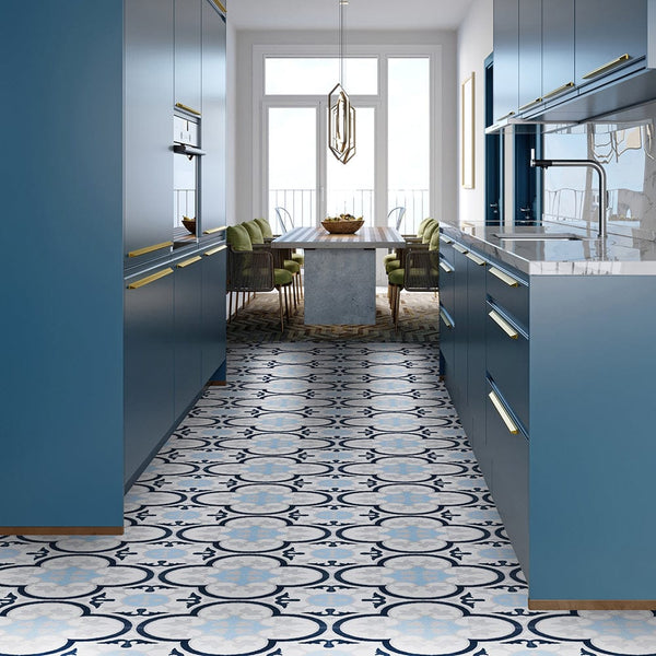 Tulip Handmade Encaustic Tiles- Blue, White, Grey - The Stone Flooring